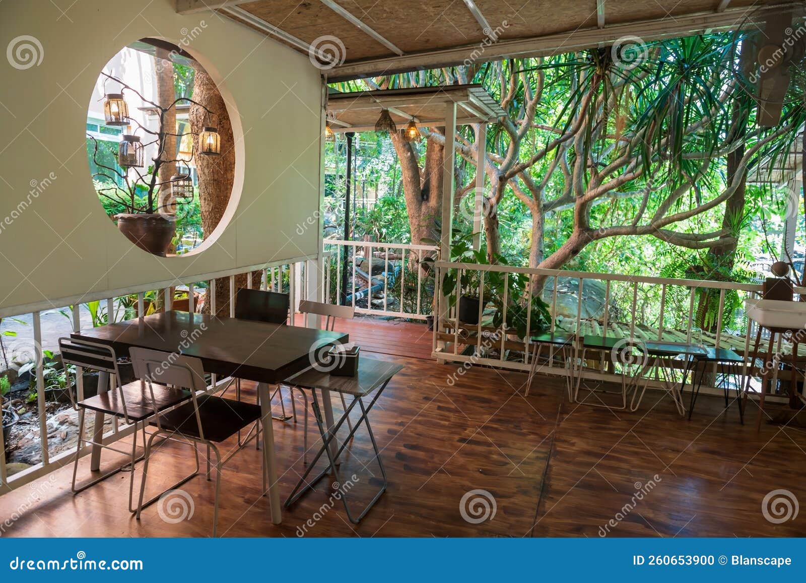 Restaurant Interior with Beautiful Spring Trees and Garden Stock Photo ...