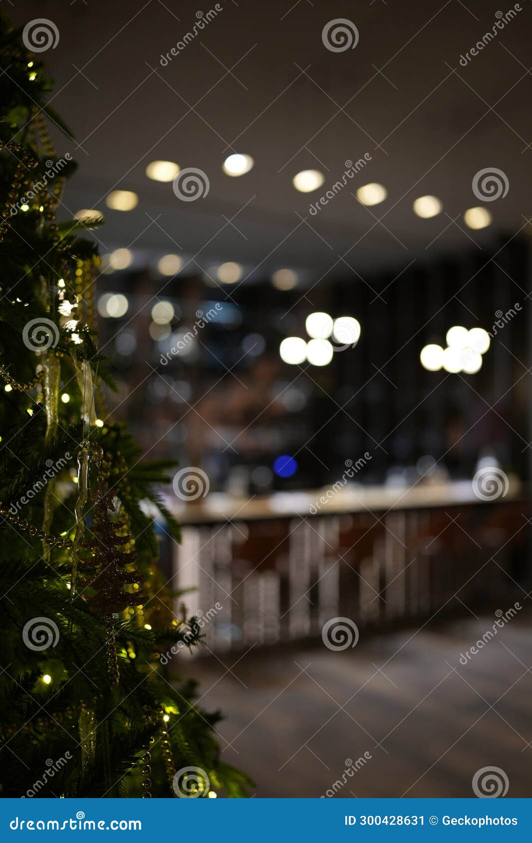 Restaurant Interior with Christmas Tree and Lights Stock Image - Image ...