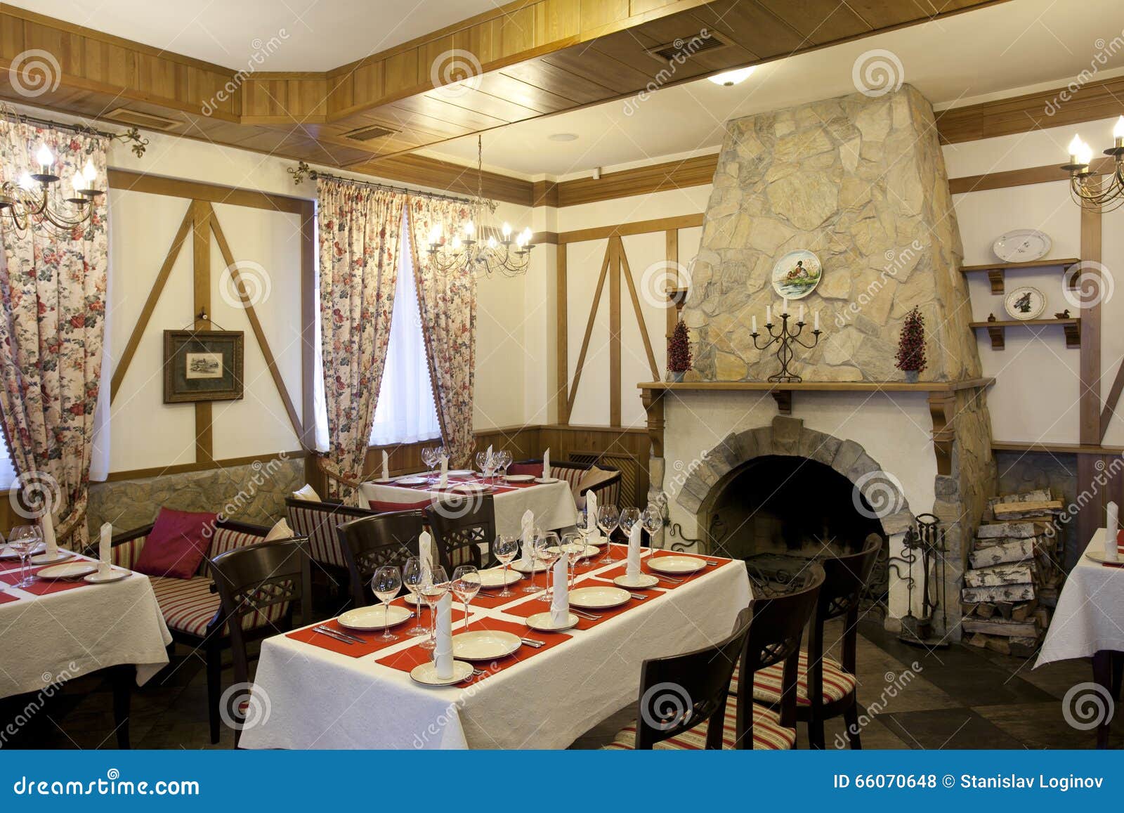 Restaurant Interior with Fireplace Stock Photo - Image of samovar ...