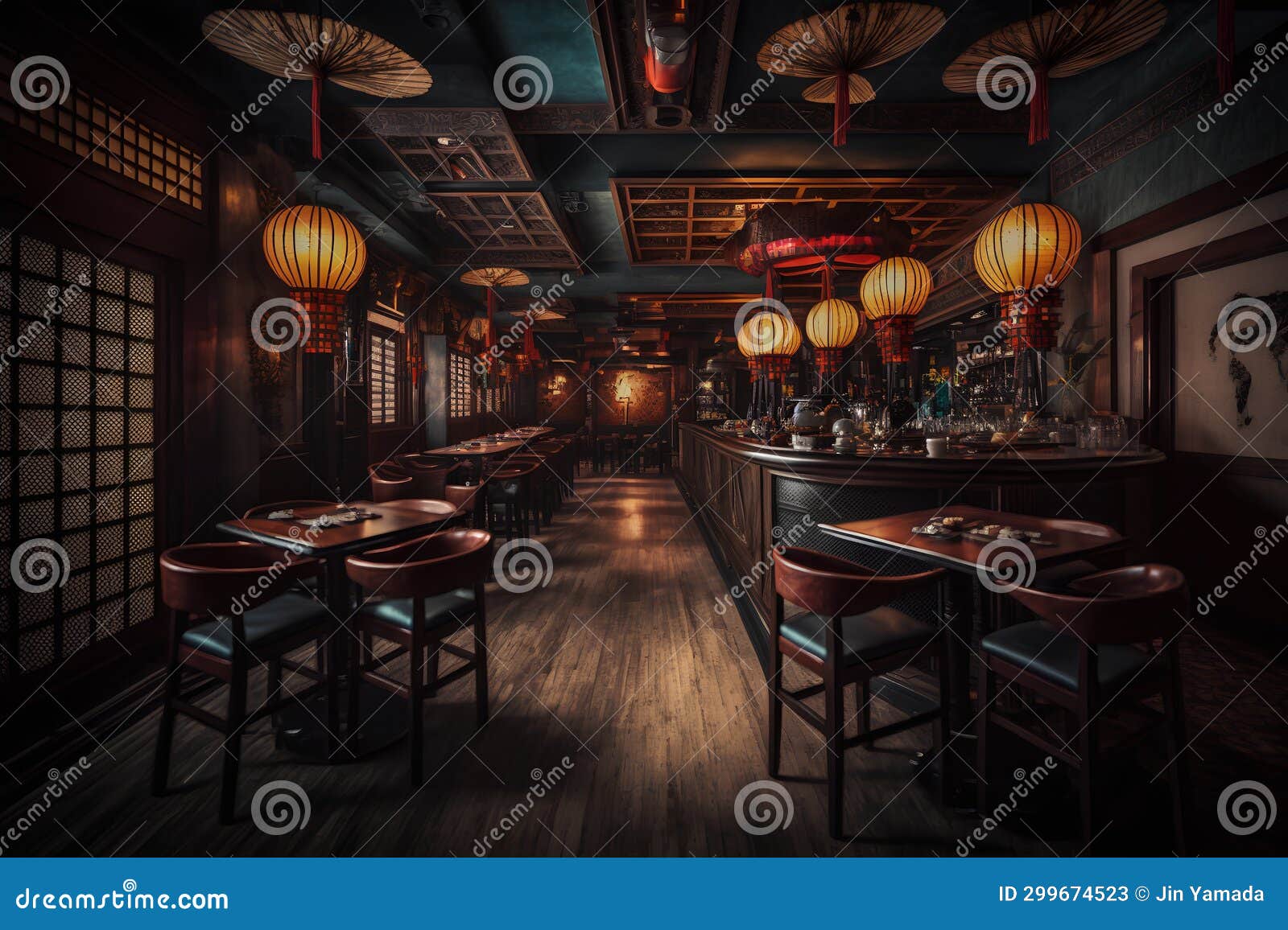 Restaurant Interior. Night View of the Bar. 3D Rendering Stock ...