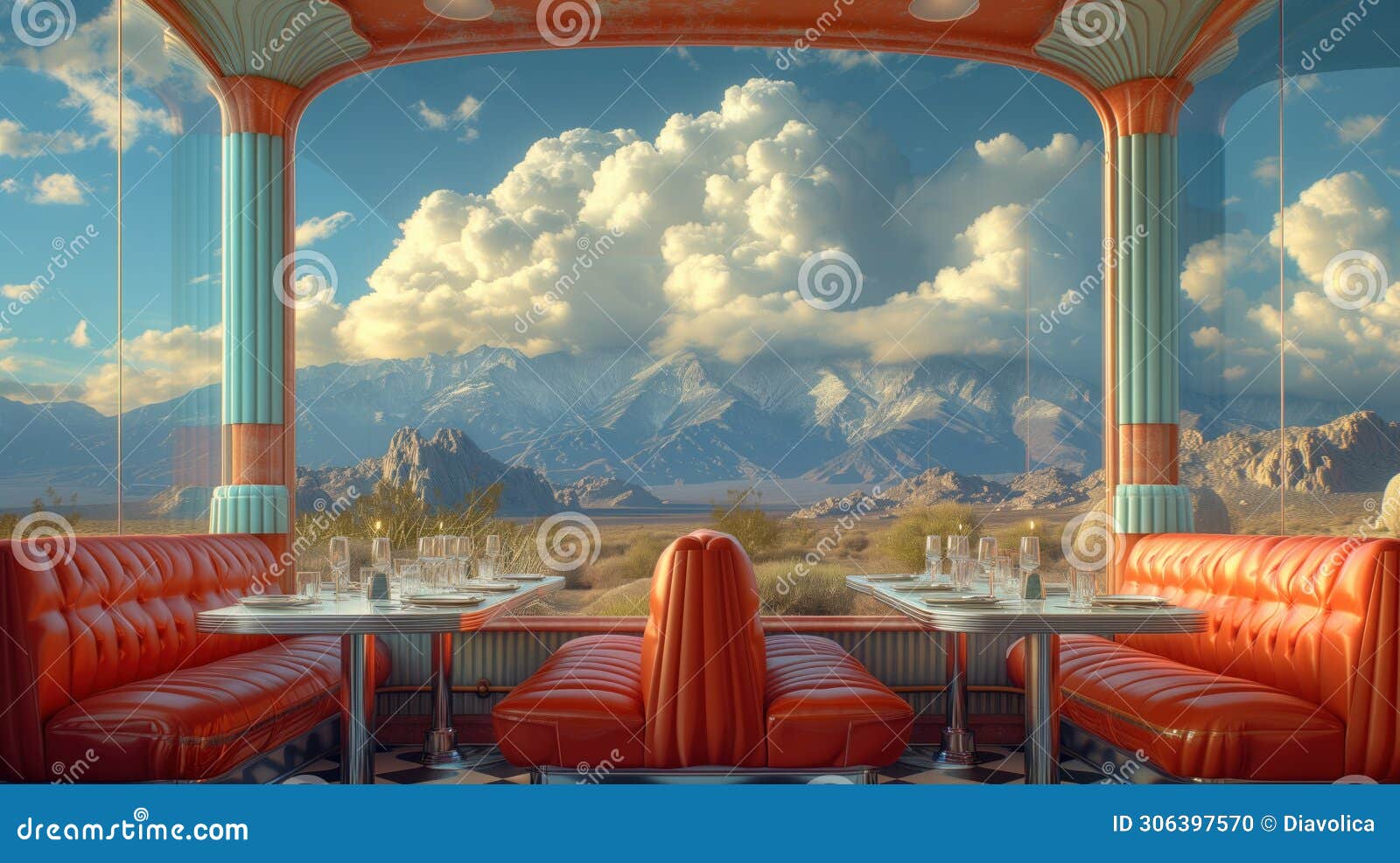 Restaurant Interior with Panoramic Windows Mountain Landscape Stock ...