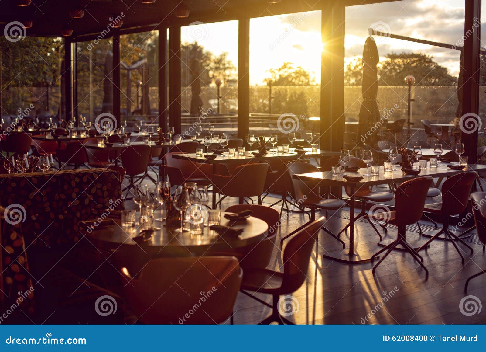 Restaurant Interior at a Sun Set Stock Photo - Image of dish, chair ...