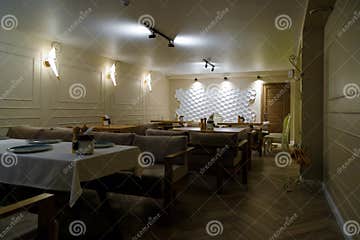 Restaurant Interior with Tables, Sofas, Light and Honeycomb Wall ...