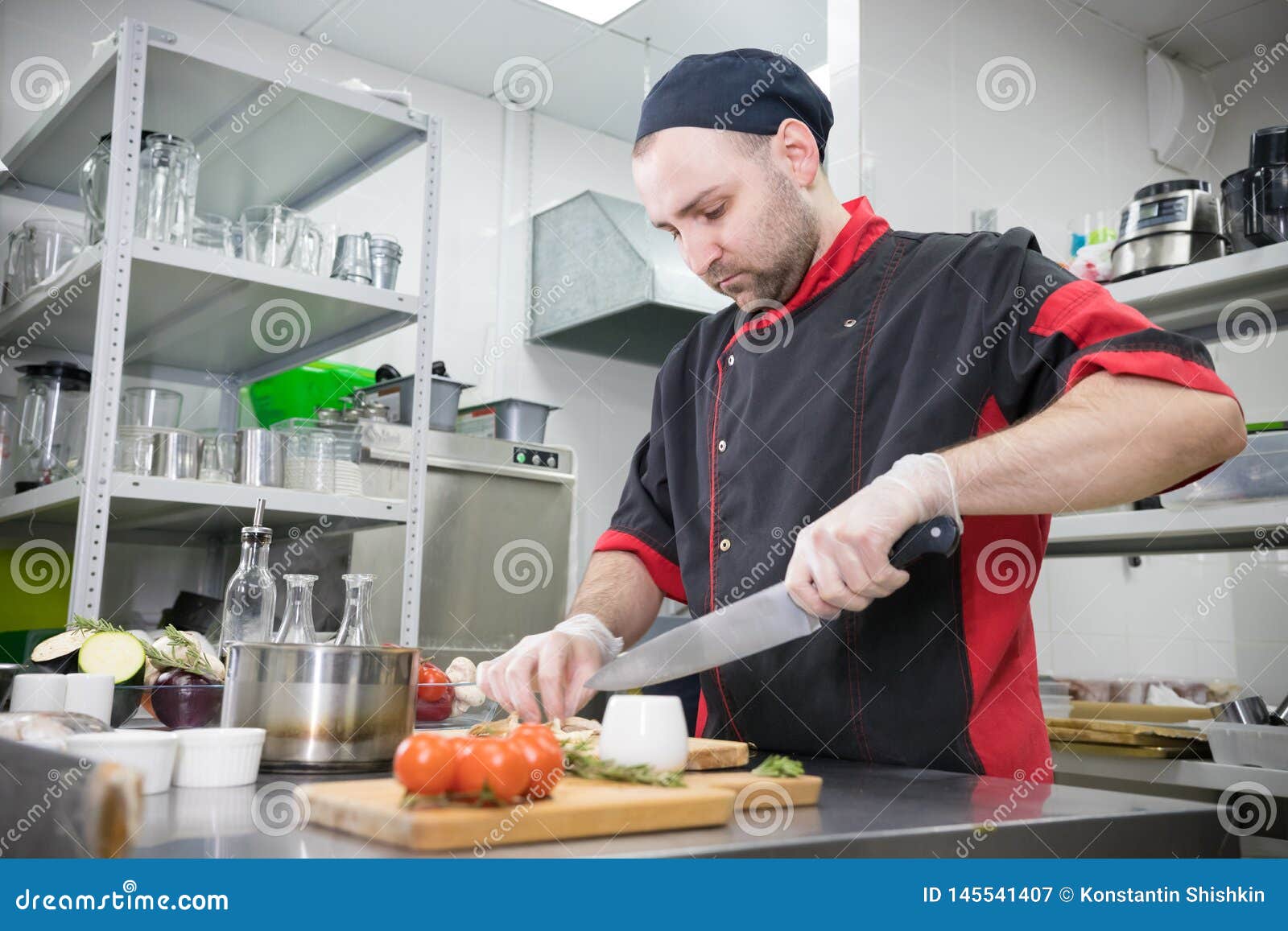 Restaurant Kitchen. Chef about To Cut the Ingredients Stock Image ...