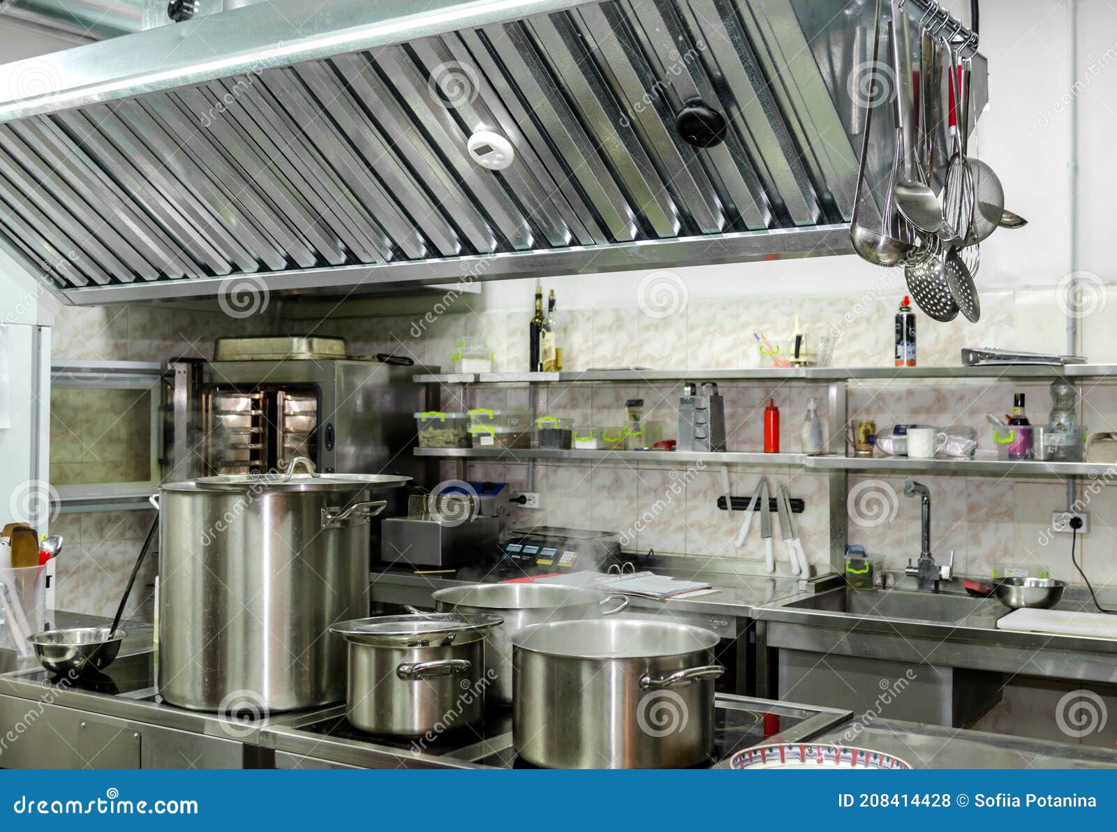 Restaurant Kitchen with Dishes and Pans without People Stock Photo ...