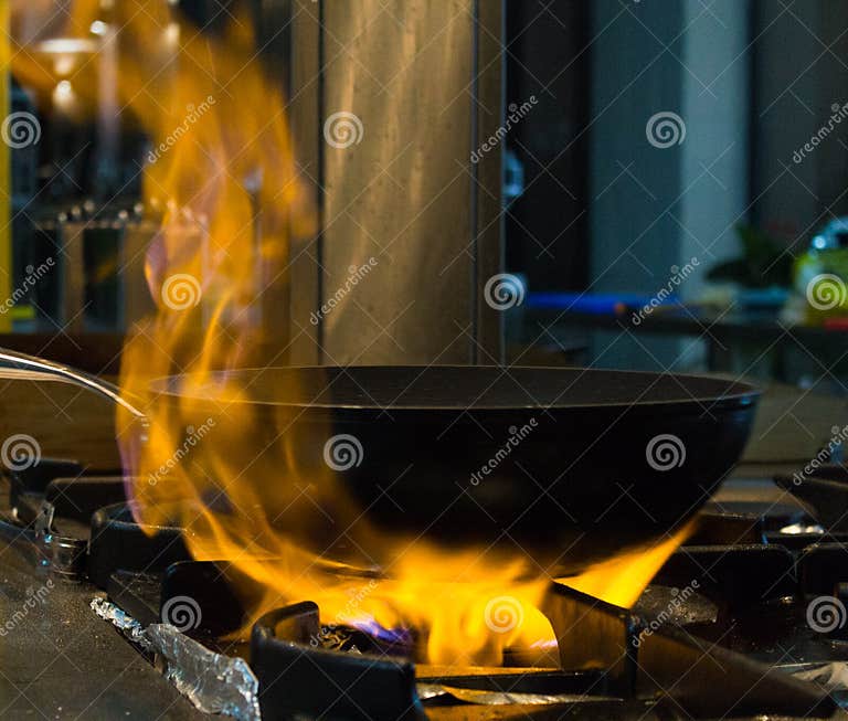 Restaurant Kitchen, Frying Pan on Fire Stock Photo - Image of dish ...