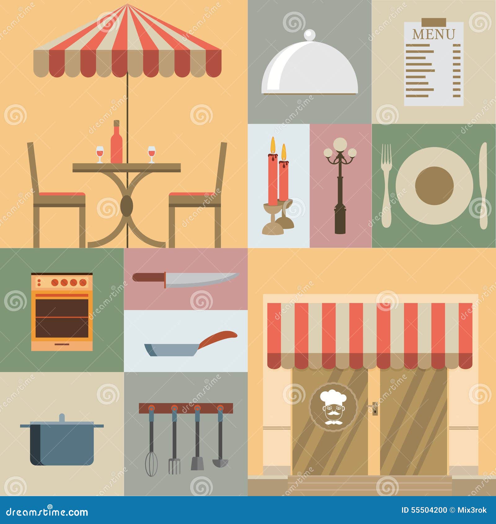 Restaurant and Kitchen Illustration Set Stock Vector - Illustration of ...