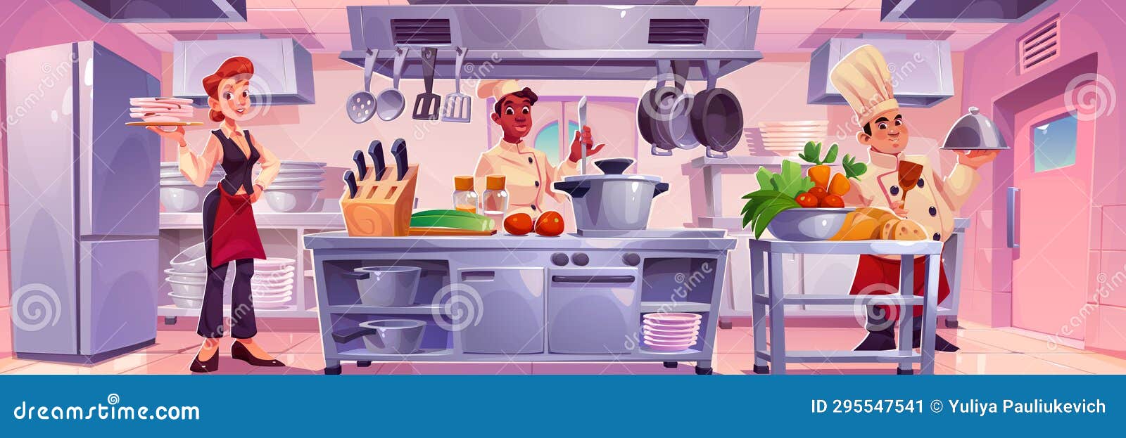 Restaurant Kitchen Interior with Chef Staff Stock Vector - Illustration ...