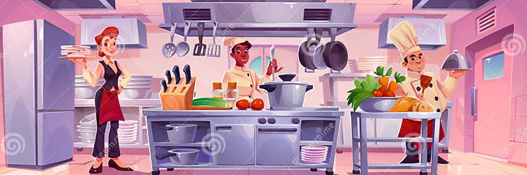 Restaurant Kitchen Interior with Chef Staff Stock Vector - Illustration ...