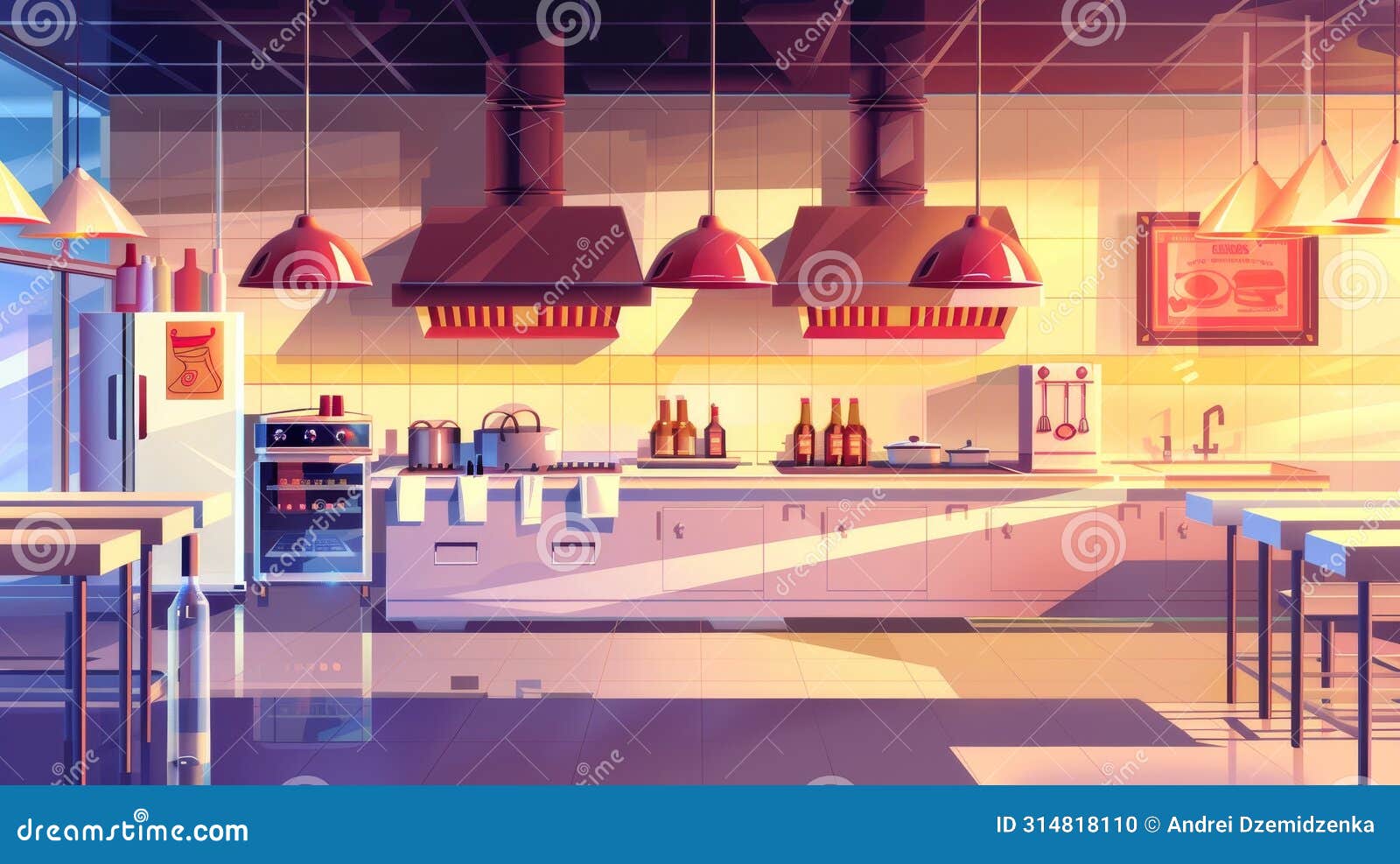 Restaurant Kitchen Interior Table View in Cartoon Style. Professional ...