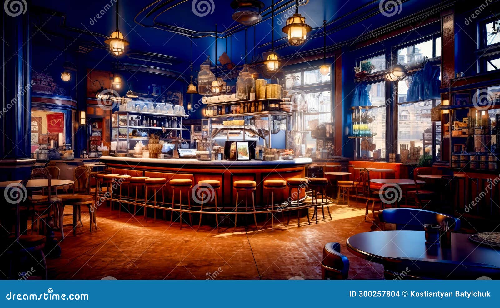 Restaurant with Large Bar and Lots of Stools and Lights Hanging from ...