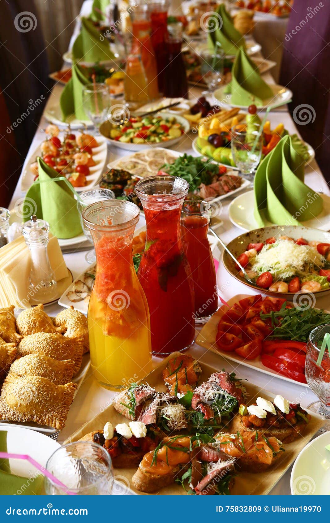 Restaurant Long Table Served with Snack Food Drink Stock Image - Image ...