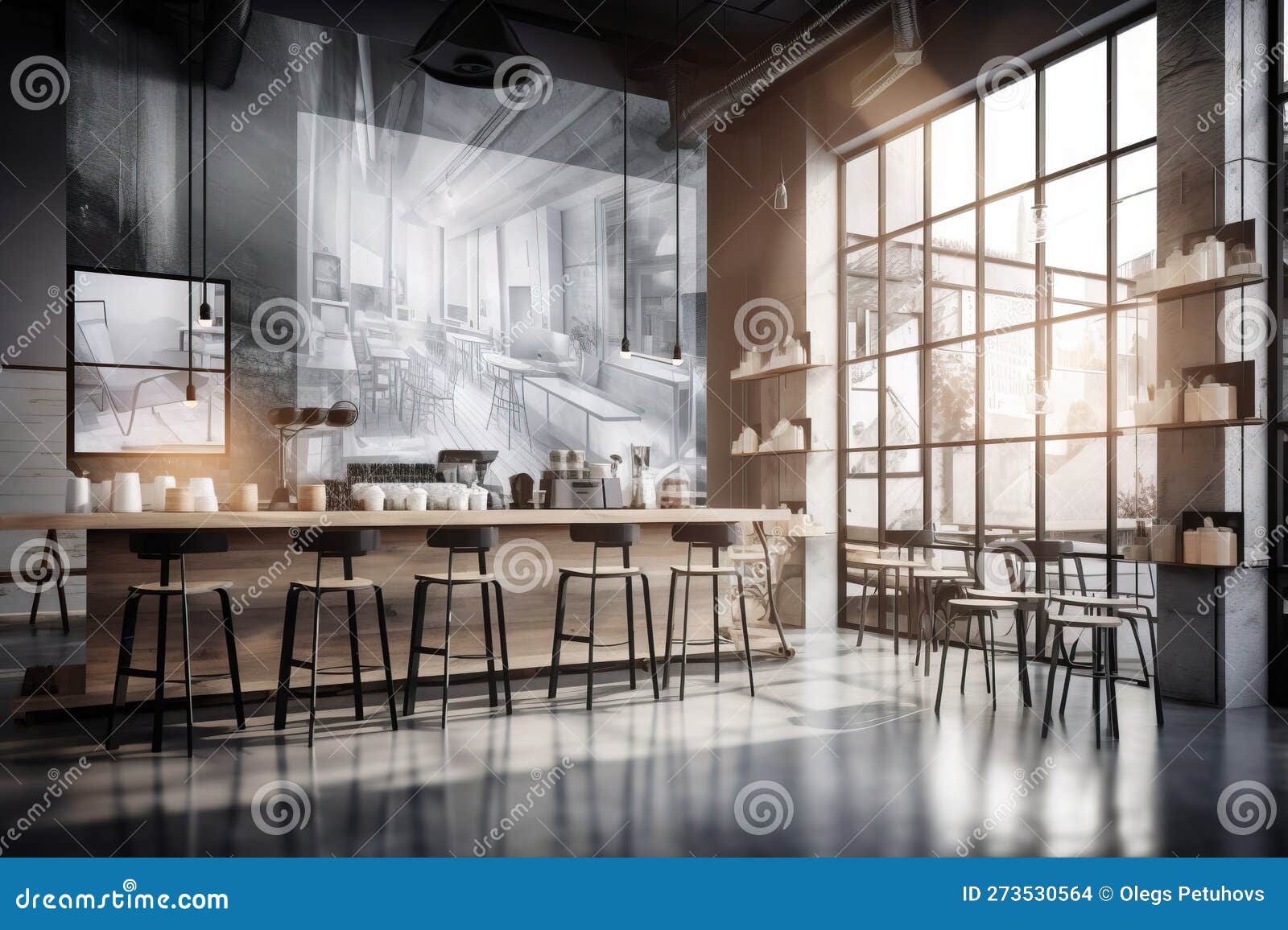 A Restaurant with Lots of Counter Space and a Bar with Stools in Front ...