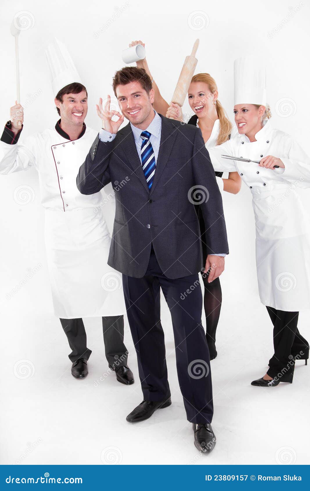 Restaurant Manager with Crazy Staff Behind Stock Image - Image of ...