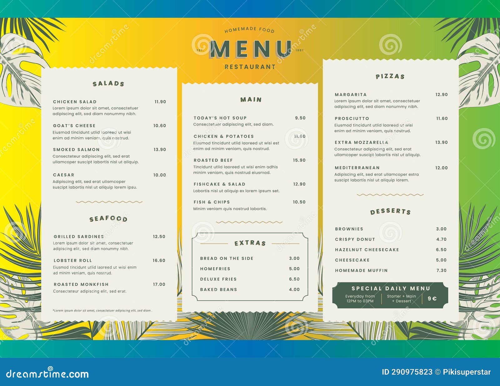 Restaurant Menu Template with Tropical Leaves Vector Design ...