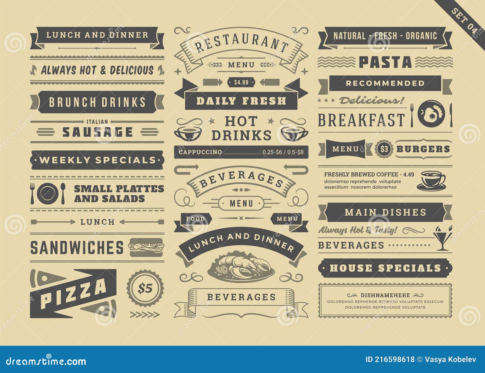 Restaurant Menu Typographic Decoration Design Elements Set Vintage and ...