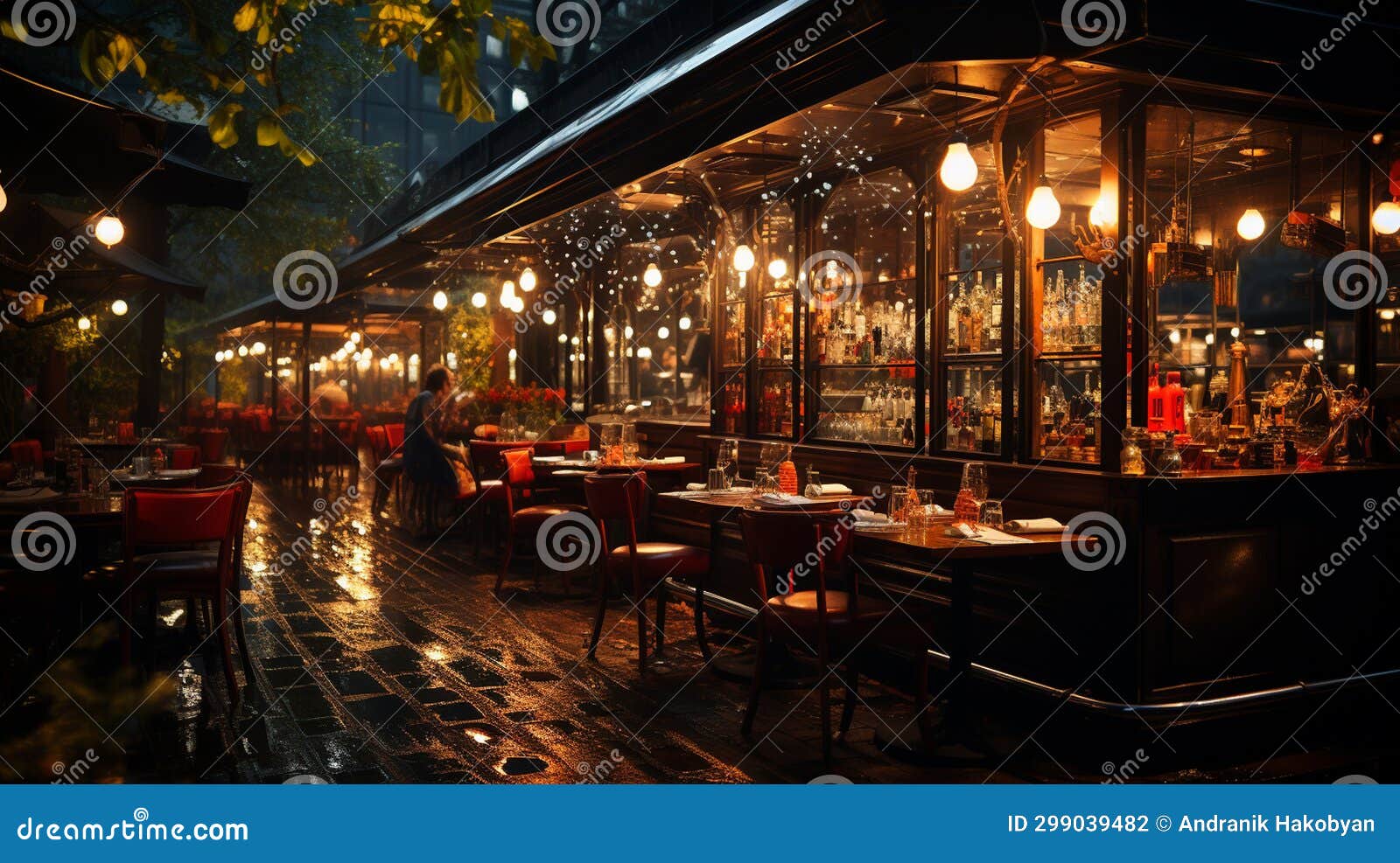 Restaurant at night time stock photo. Image of design - 299039482