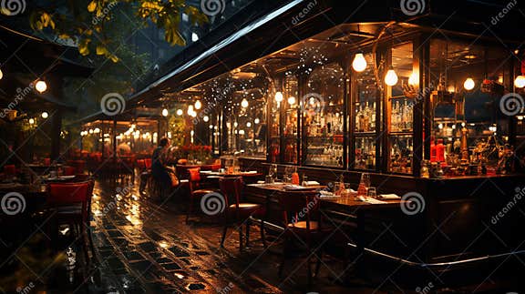 Restaurant at night time stock photo. Image of design - 299039482