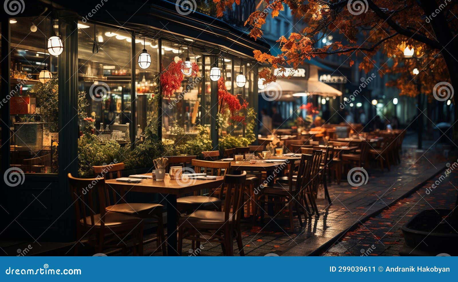 Restaurant at night time stock image. Image of party - 299039611