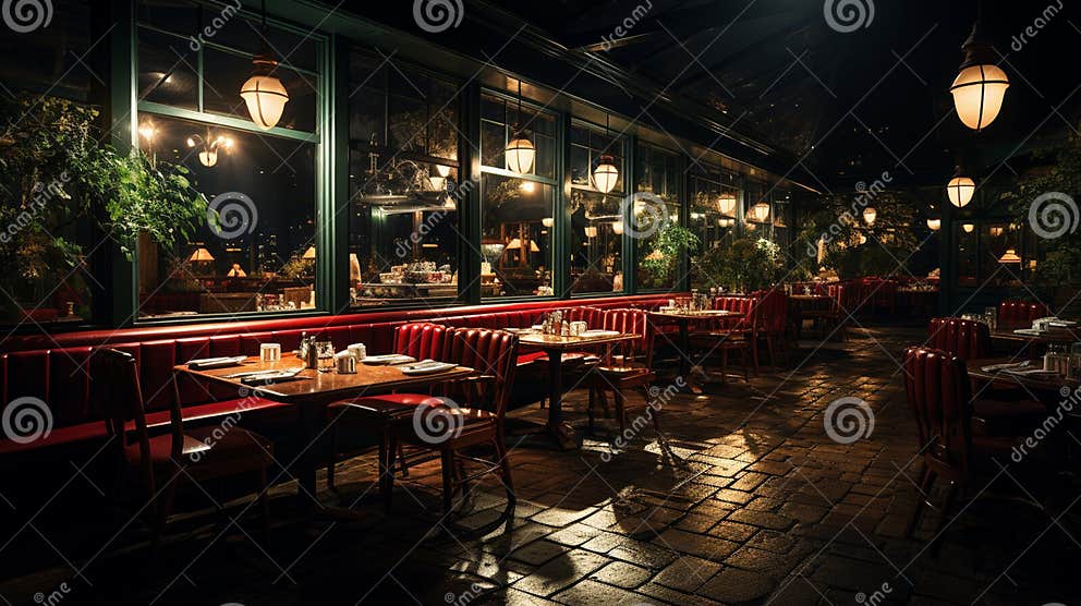 Restaurant at night time stock image. Image of food - 299039619