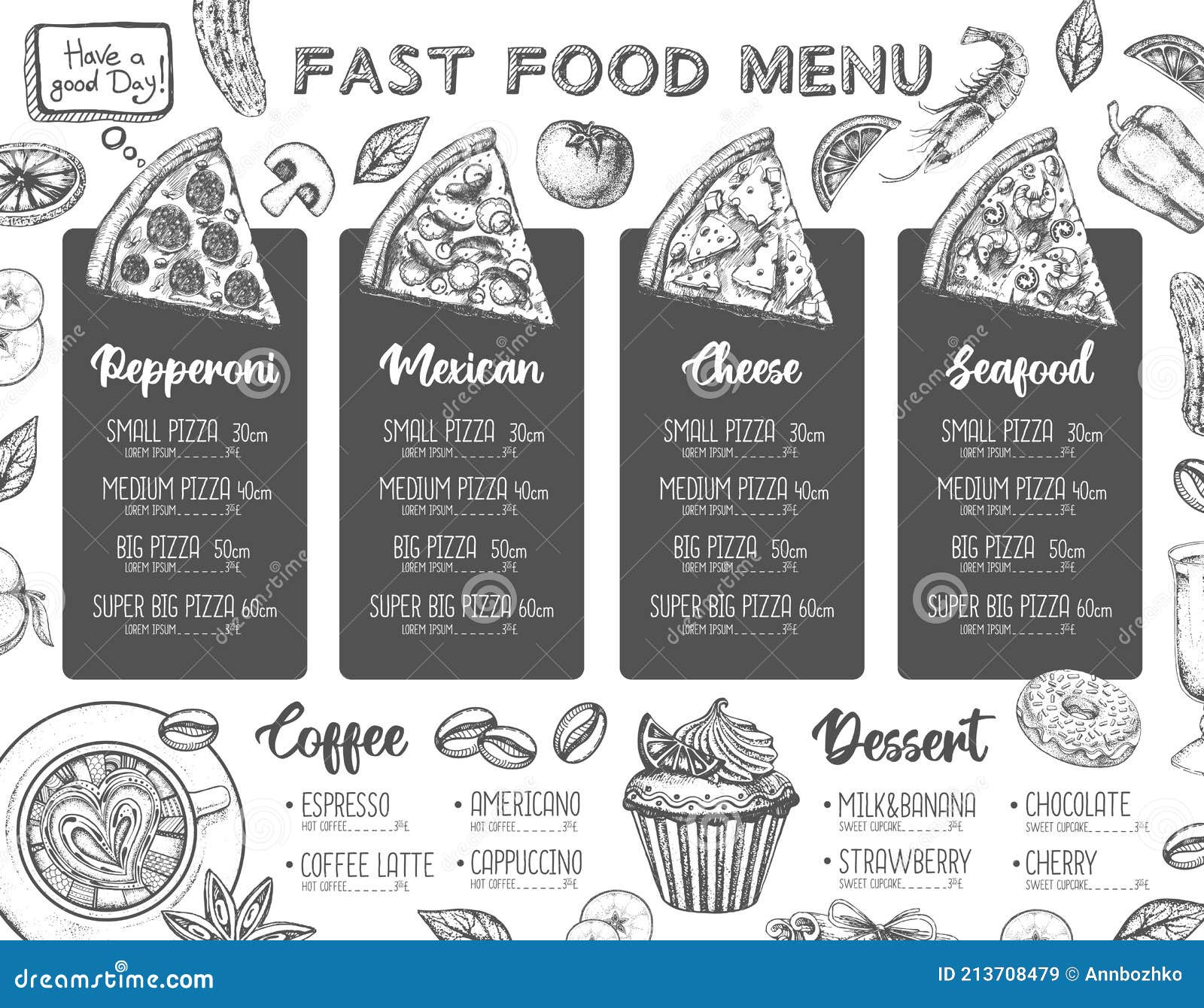 Restaurant Pizza Menu Design. Decorative Sketch of Pizza Stock Vector ...