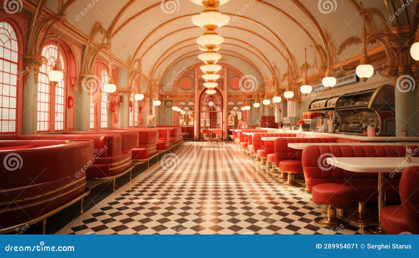 A Restaurant with Red Booths and Checkered Floor, AI Stock Image ...