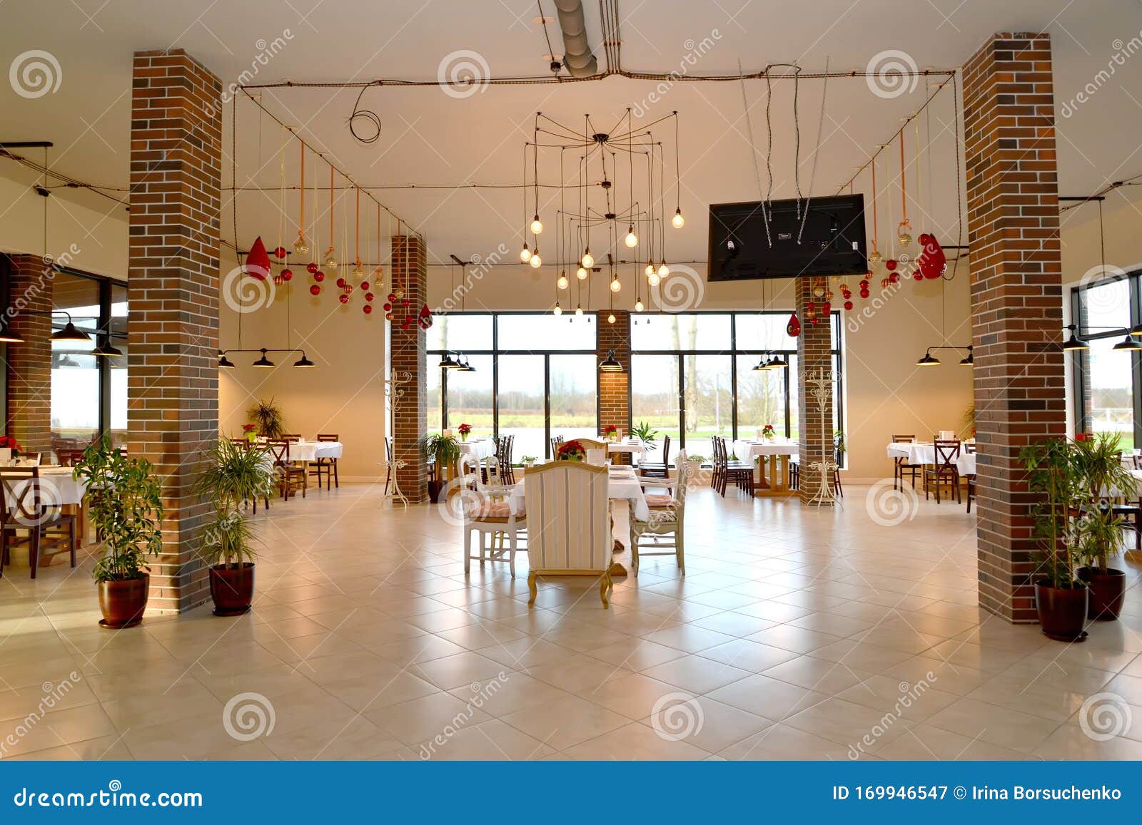 Restaurant Room with Large Windows Stock Image - Image of room, lamp ...