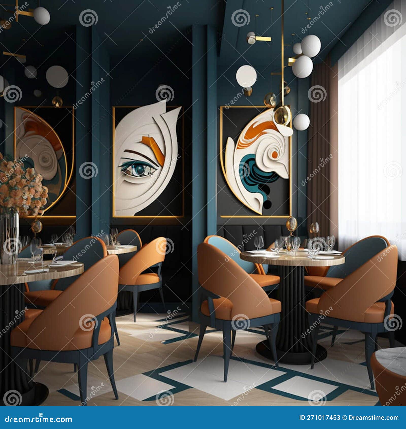 A Restaurant with a Round Table and Chairs and a Round Table with a ...