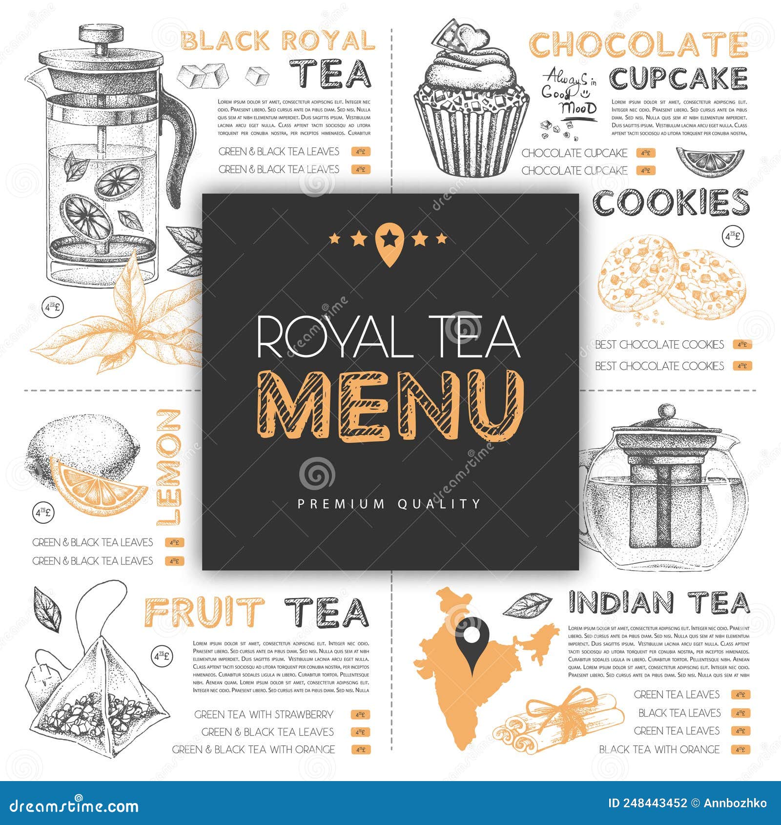 Restaurant Royal Tea Menu Design with Hand Drawing Tea Elements. Stock ...