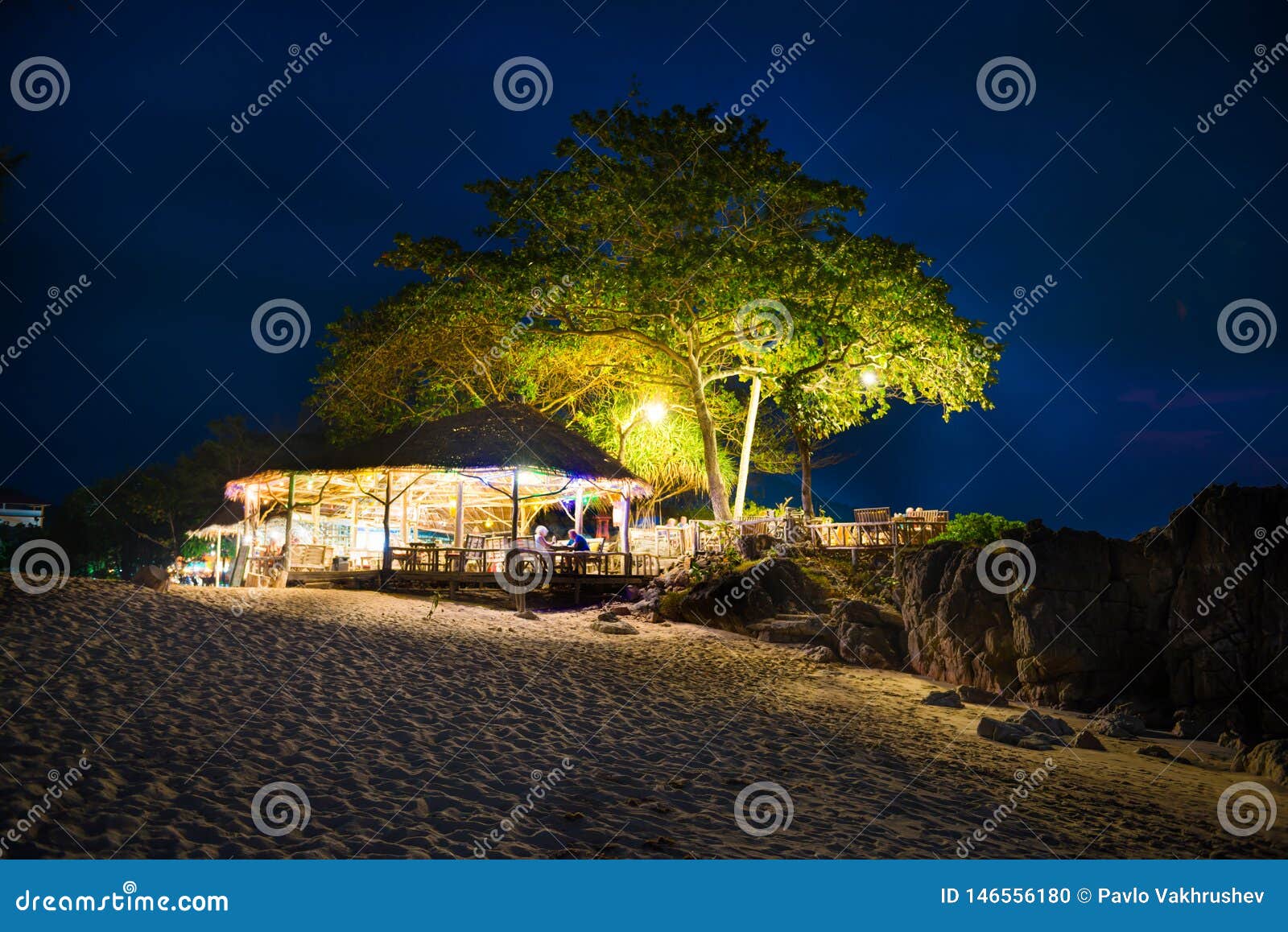 Restaurant at Sand Beach on Blue Night Sky Background Stock Photo ...