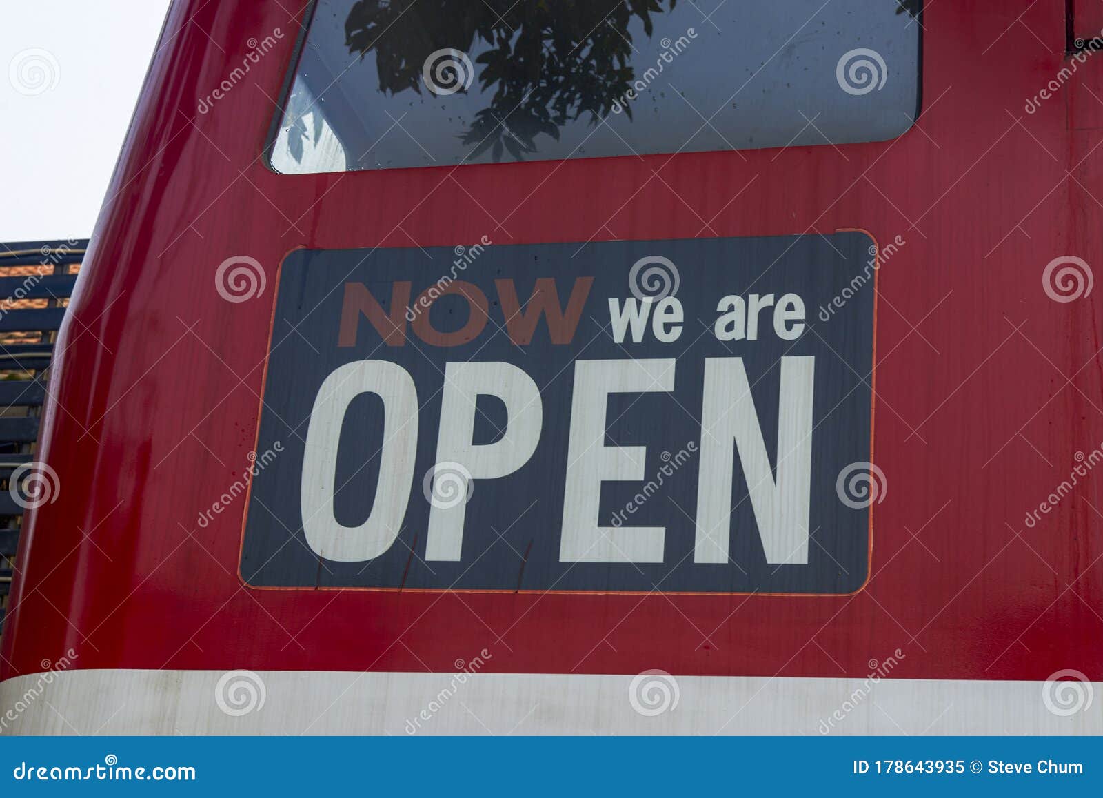 A Restaurant Sign Saying that Now we are Open Stock Image - Image of ...