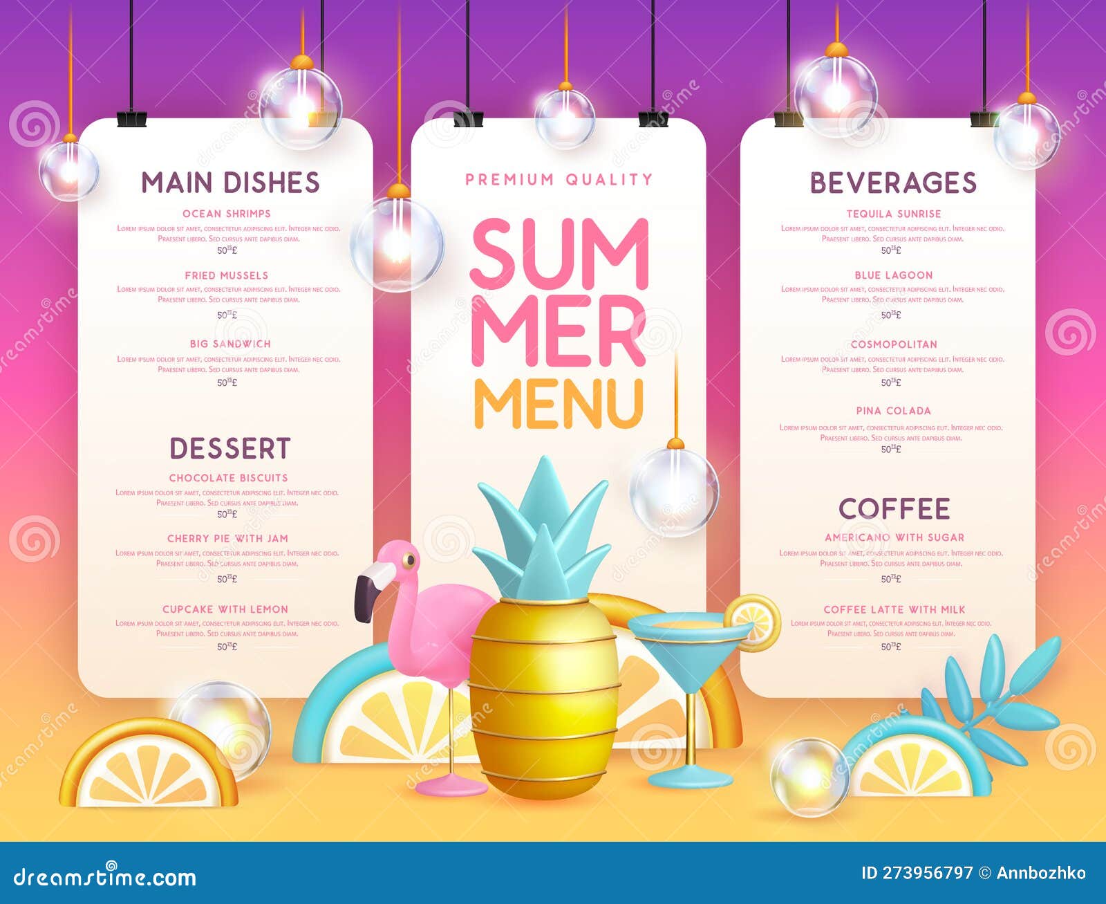 Restaurant Summer Menu Design with 3D Plastic Cocktail, Pineapple and ...