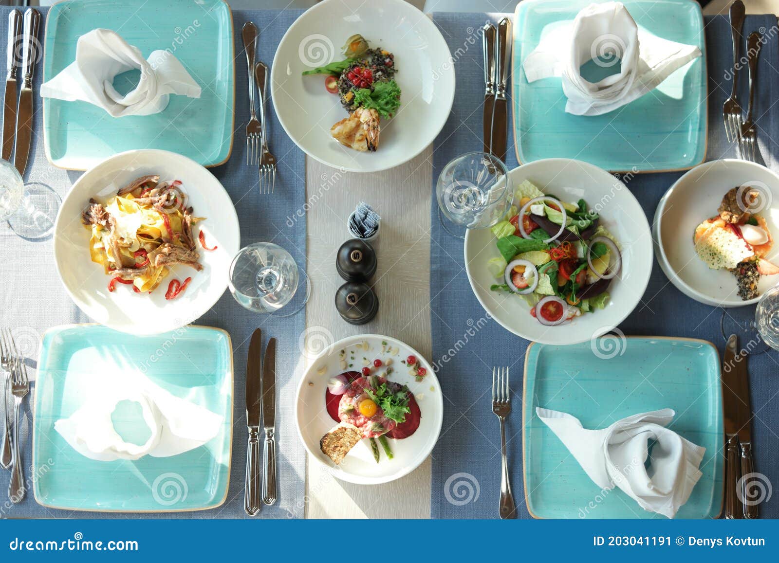 Restaurant Table with Food. Stock Image - Image of diet, four: 203041191