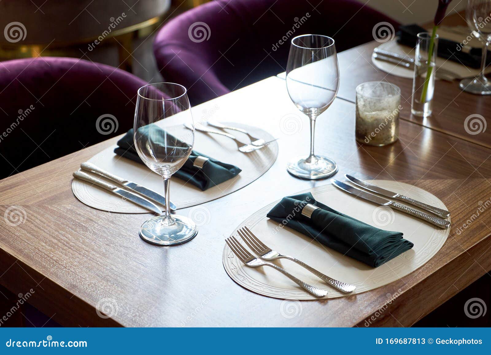 Restaurant Table Setting with Empty Clean Glasses. Banquet Dining Table ...