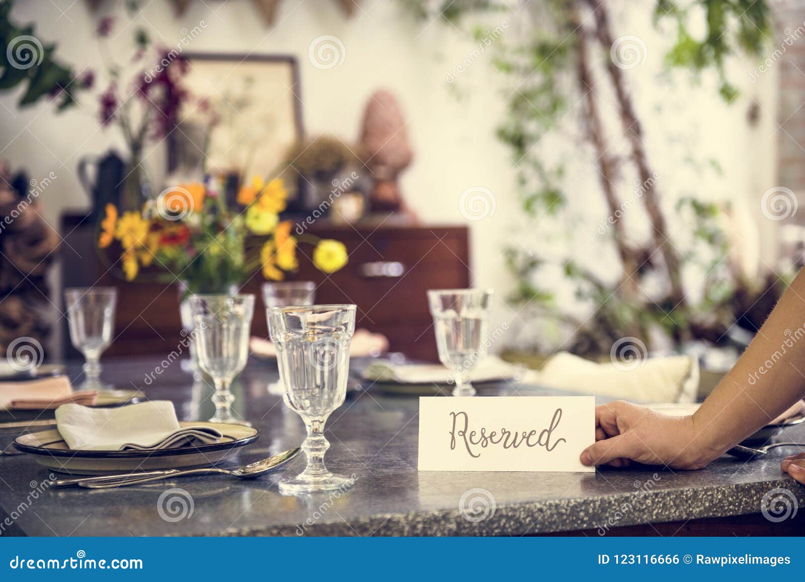 Restaurant Table Setting Service with Reserved Card Stock Photo - Image ...