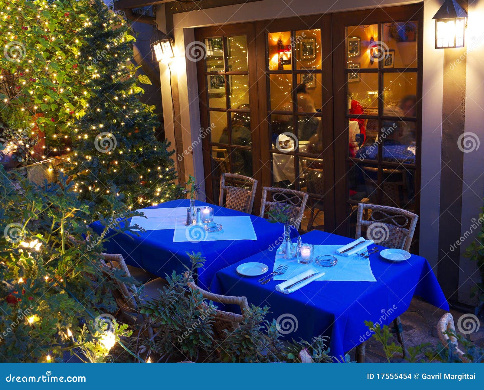 Restaurant Tables in Christmas Lighting Stock Photo - Image of ...