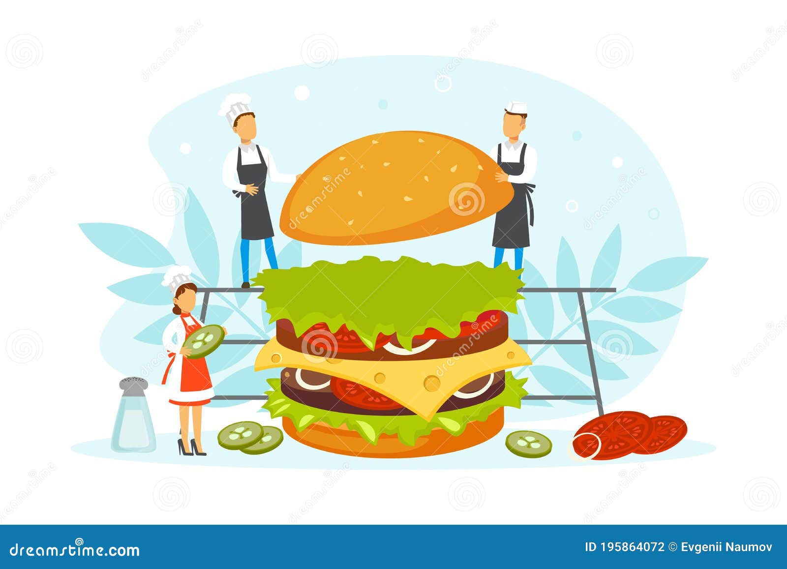 Restaurant Team Cooking Burger, Tiny Chef Characters in Uniform and Cap ...