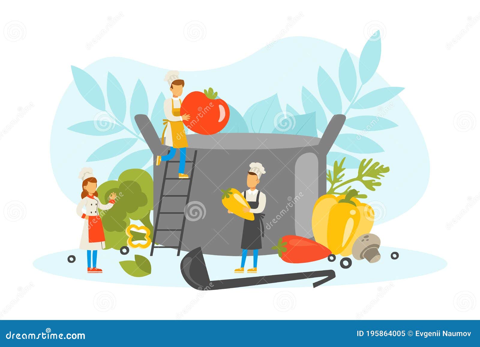 Restaurant Team Cooking Healthy Dish in Saucepan, Tiny Chef Characters ...