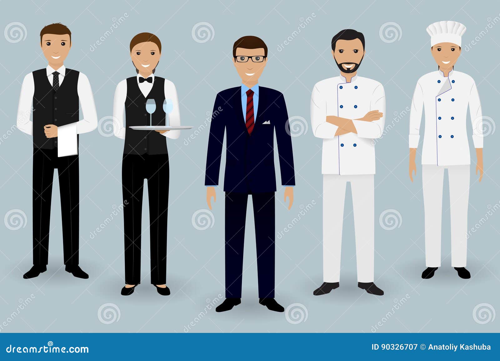 Restaurant Team Young Characters. Manager Standing with Chef, Cook and ...