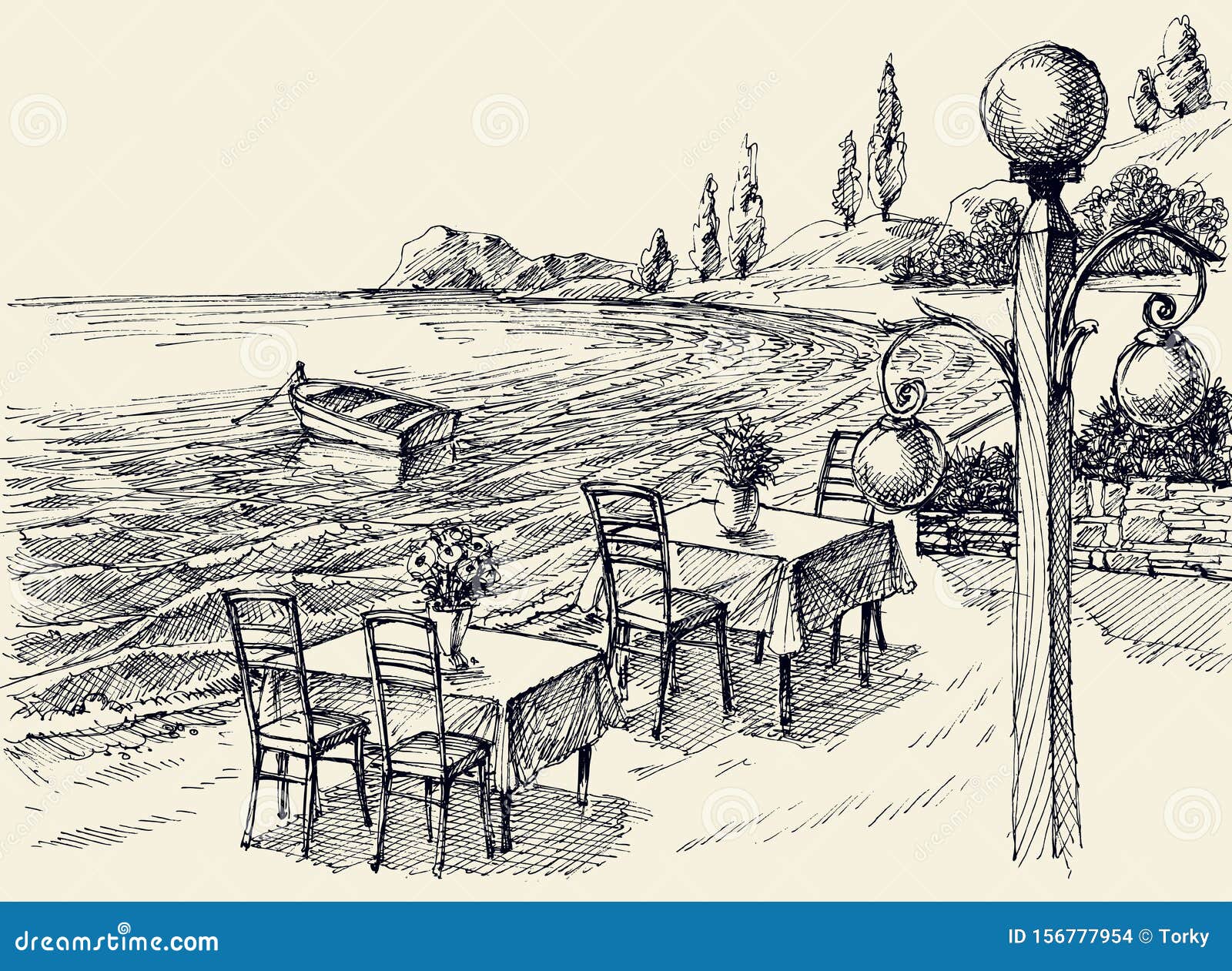 Restaurant Terrace on the Beach Stock Vector - Illustration of table ...