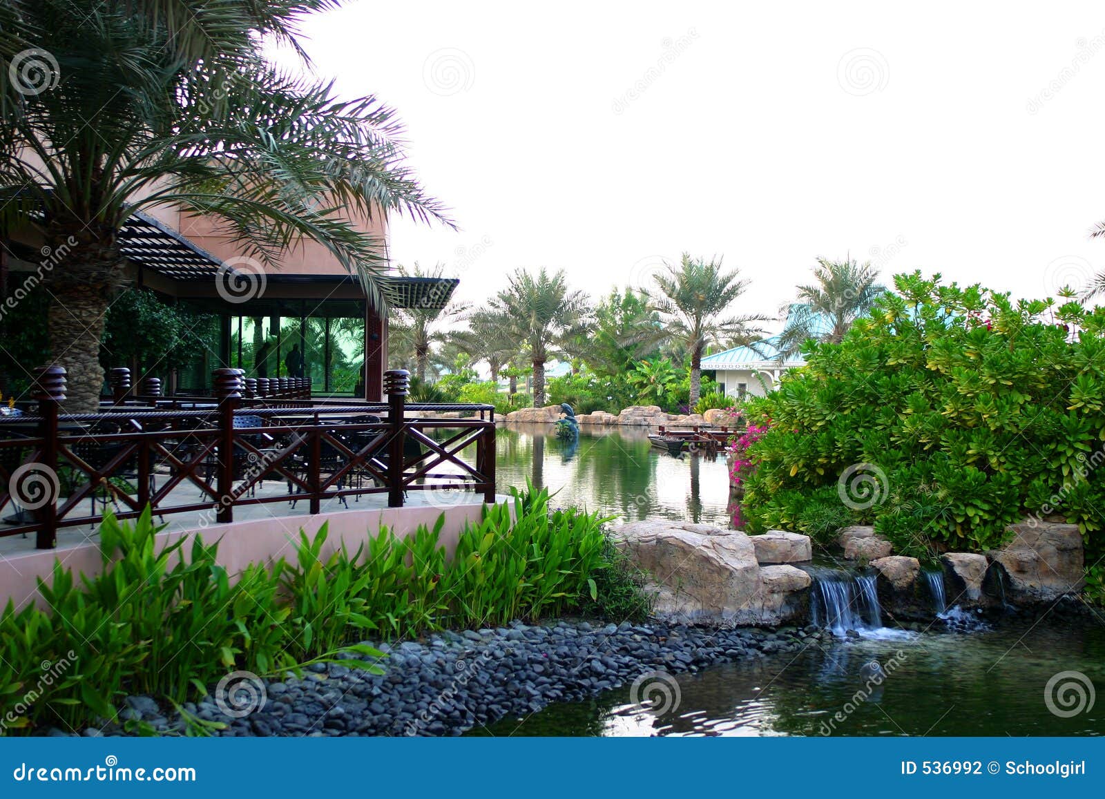 Restaurant with Terrace and Pond Stock Photo - Image of water, house ...