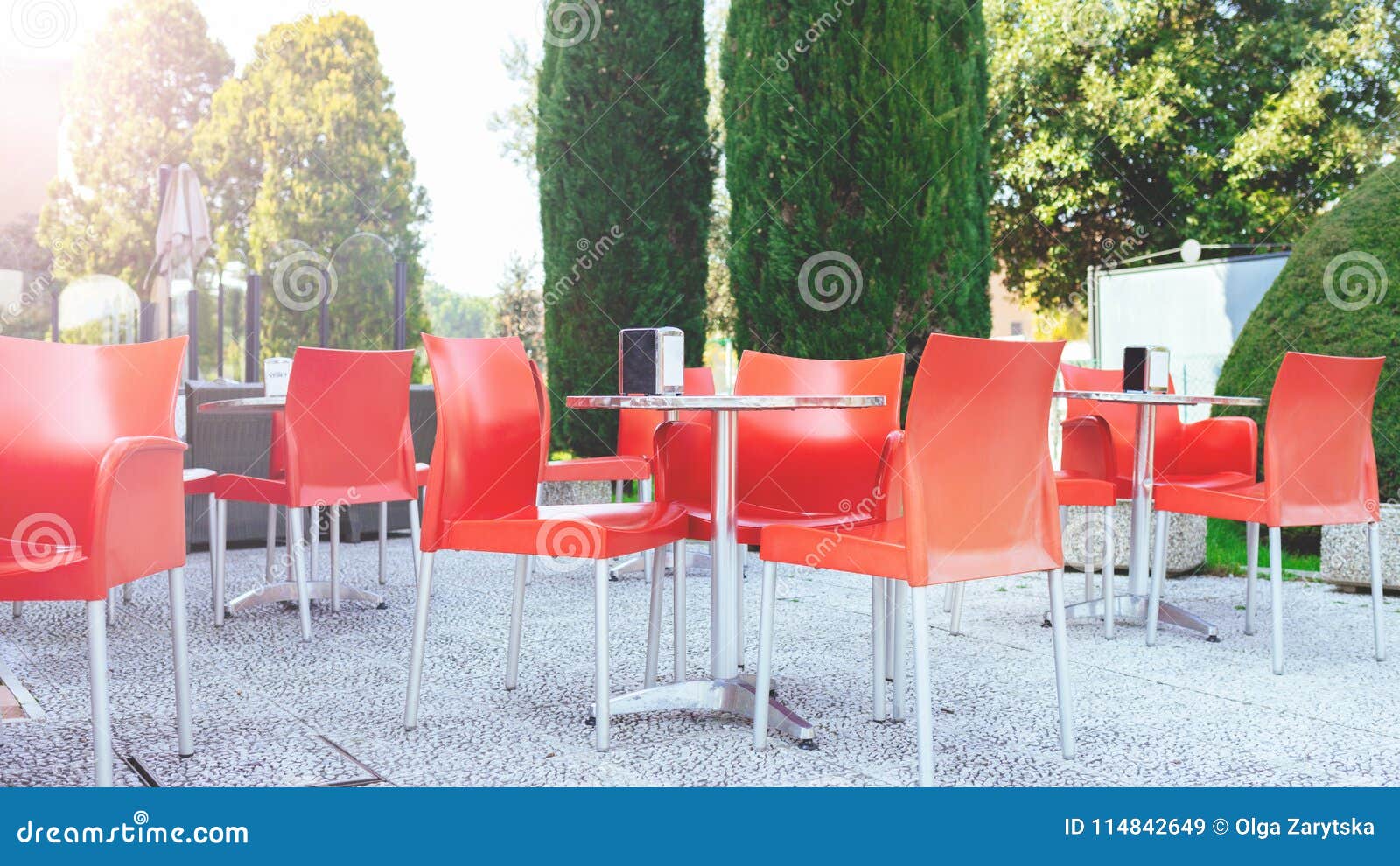 Restaurant Terrace with Red Chairs. Stock Image - Image of business ...