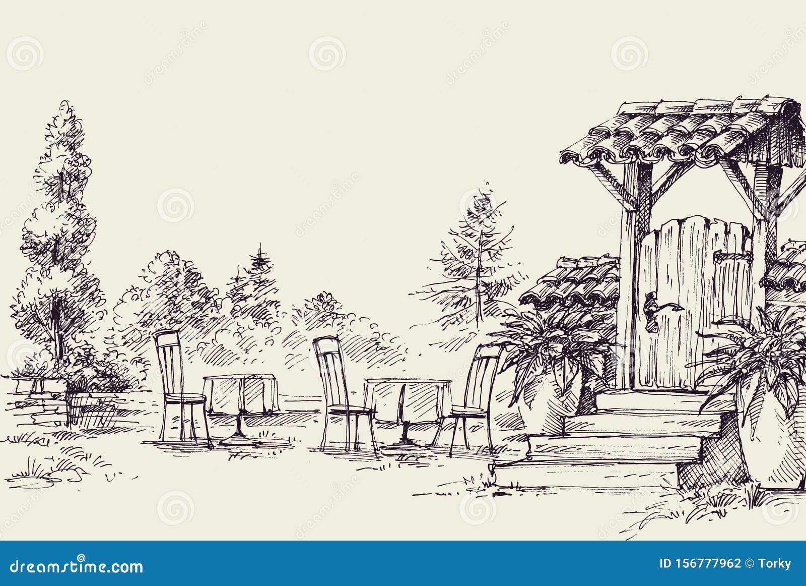 Restaurant terrace sketch stock vector. Illustration of garden - 156777962