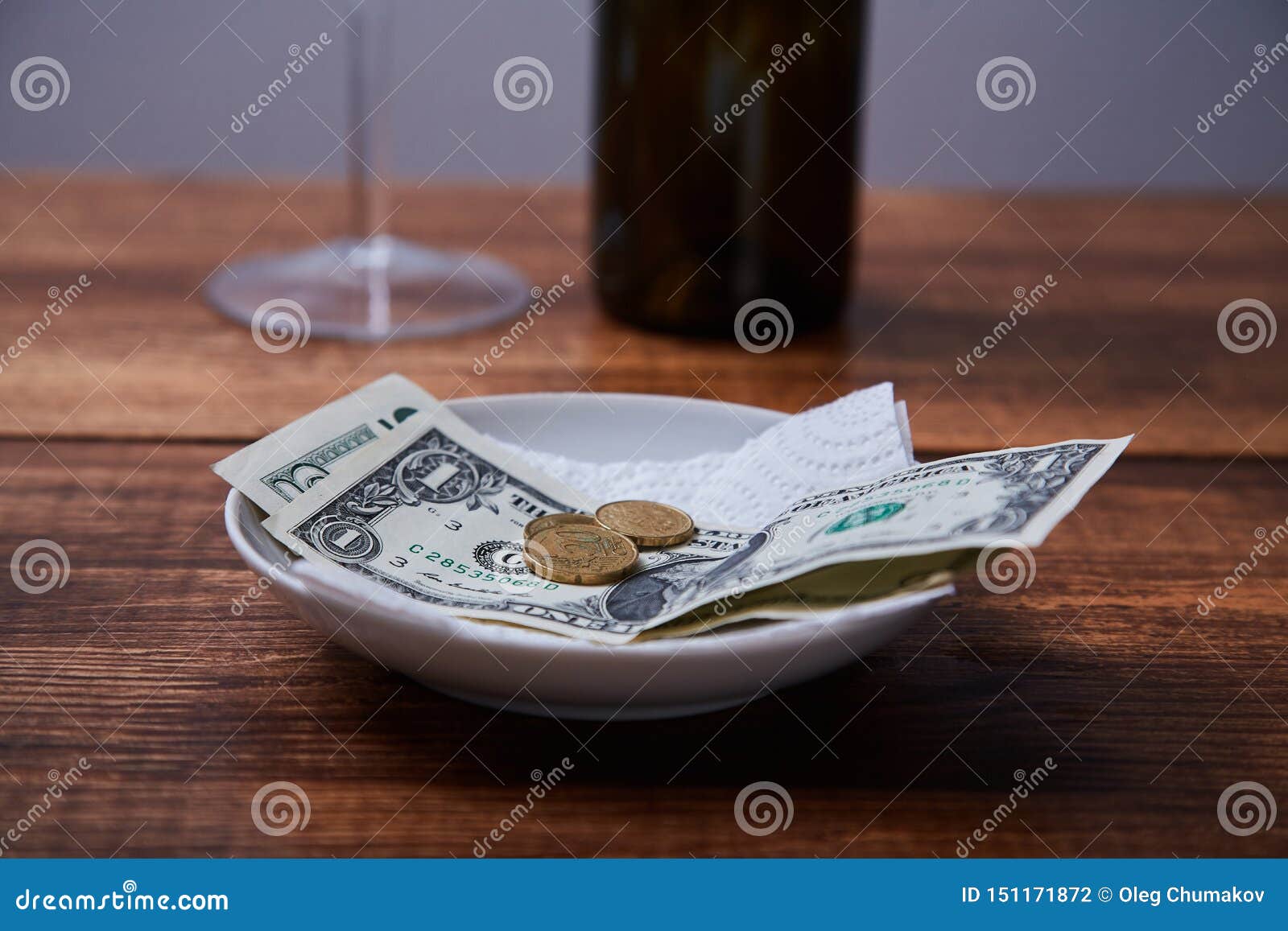 Restaurant Tips Or Gratuity. Banknotes And Coins On A Plate Royalty ...