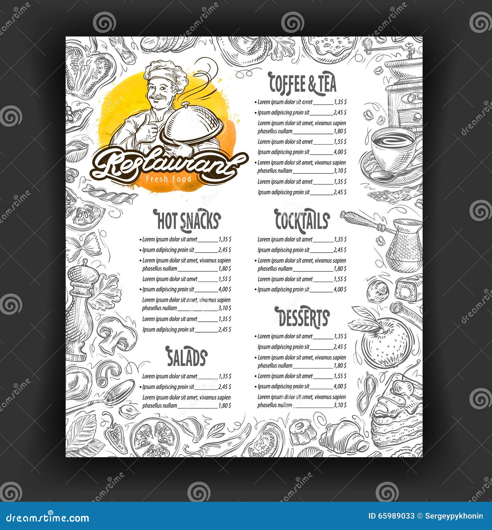 Restaurant Vector Menu Design Template. Food, Drinks Or Dessert Icons ...