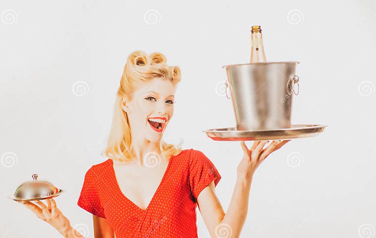 Restaurant Waiter With Champagne Pinup Girl With Service Tray Serving