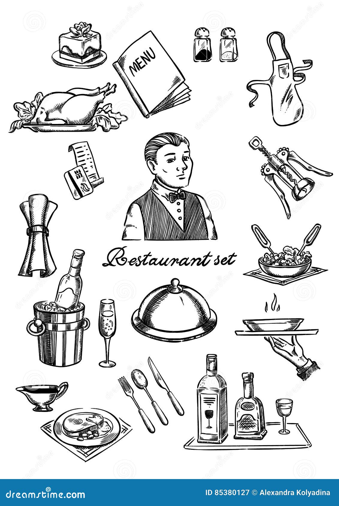 Restaurant and waiter set stock vector. Illustration of collection ...