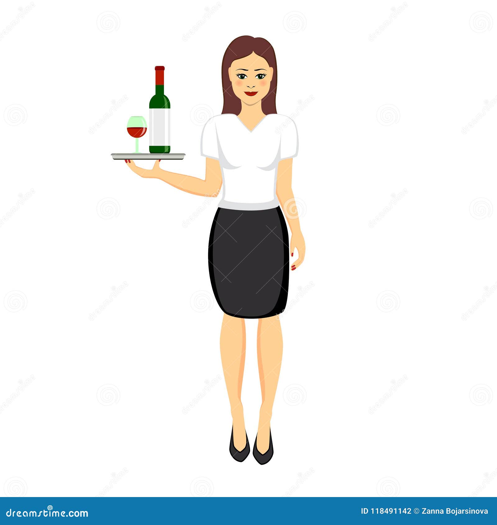 Restaurant Waitress Character Holding Tray With Glass And Bottle Of Red