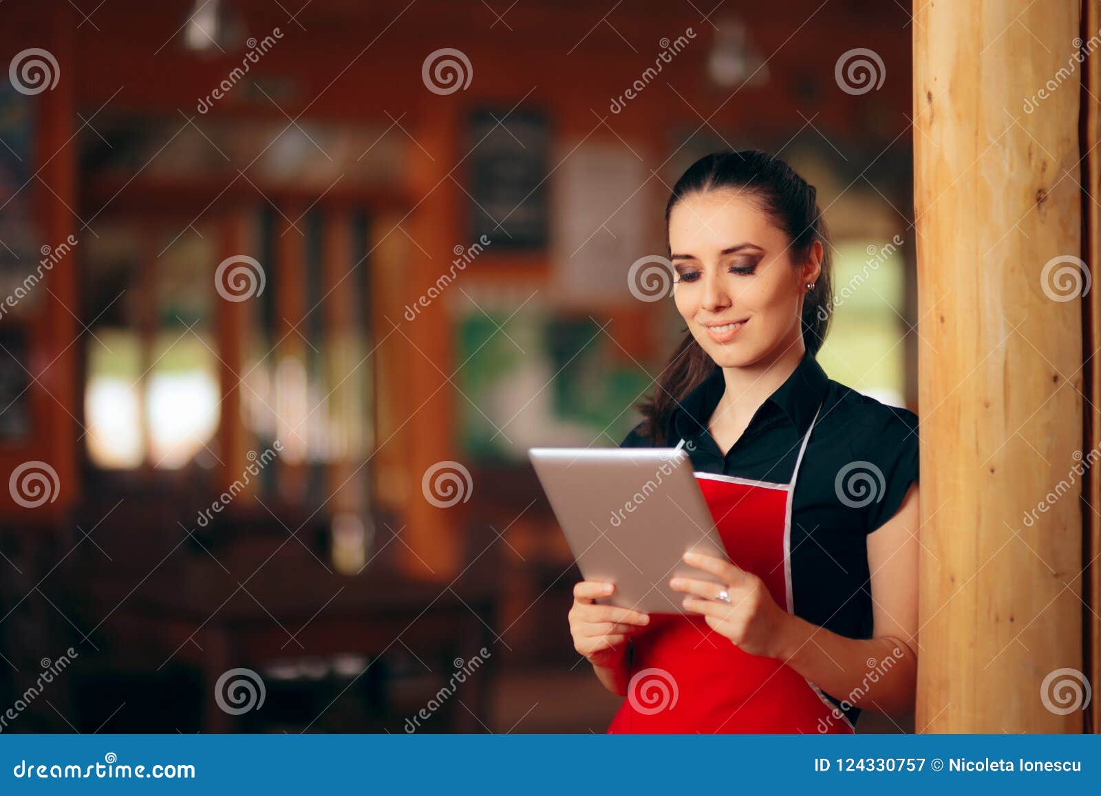 Restaurant Waitress with Pc Tablet Managing Orders Stock Image - Image ...