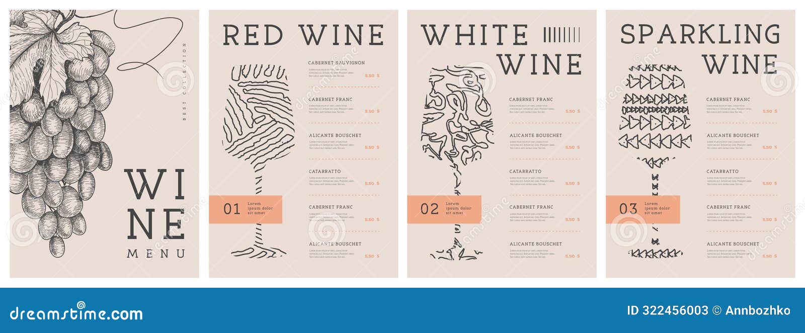 Restaurant Wine Menu Design with Wine Glasses and Grapes. Stock ...